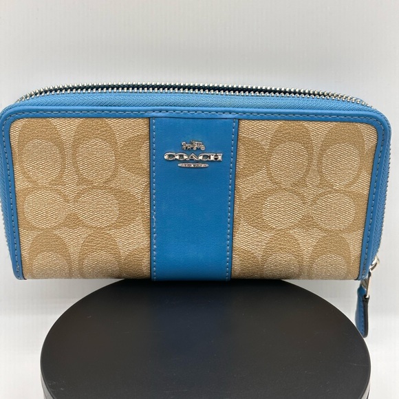 Coach | Bags | Coach Blue Wallet With Silver Logo | Poshmark